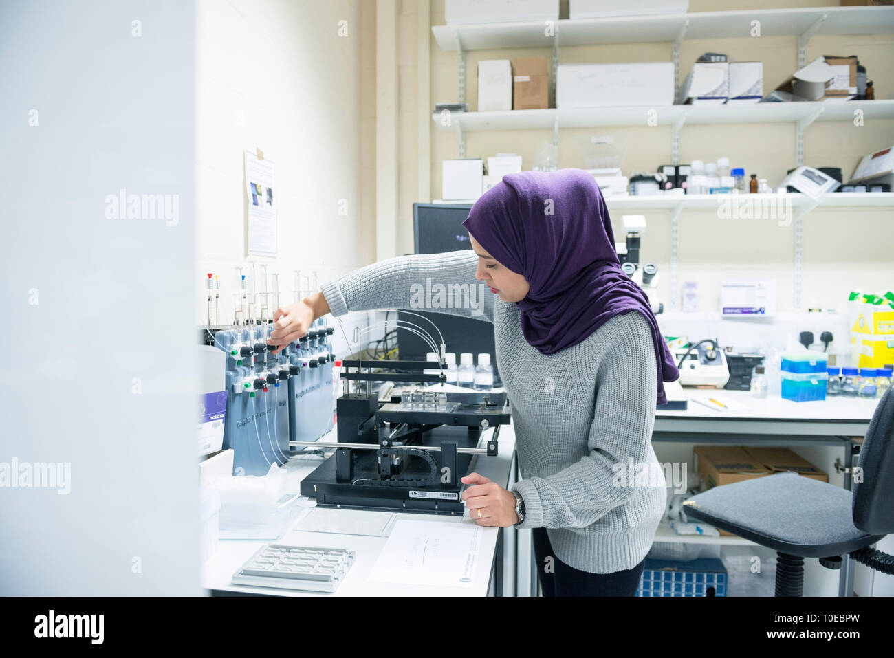 A muslim woman uses the scientific equipment in a research laboratory ...