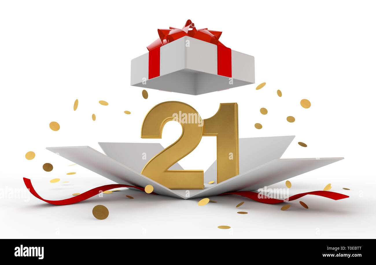 Happy 21st birthday gold surprise boxwith red ribbon. 3D Rendering ...