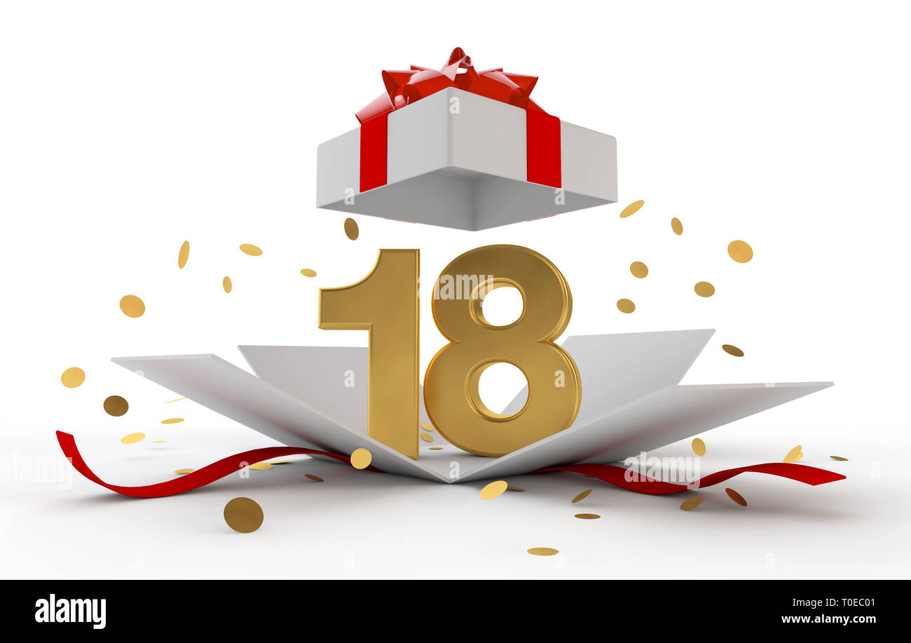 Happy 18th birthday gold surprise boxwith red ribbon. 3D Rendering ...