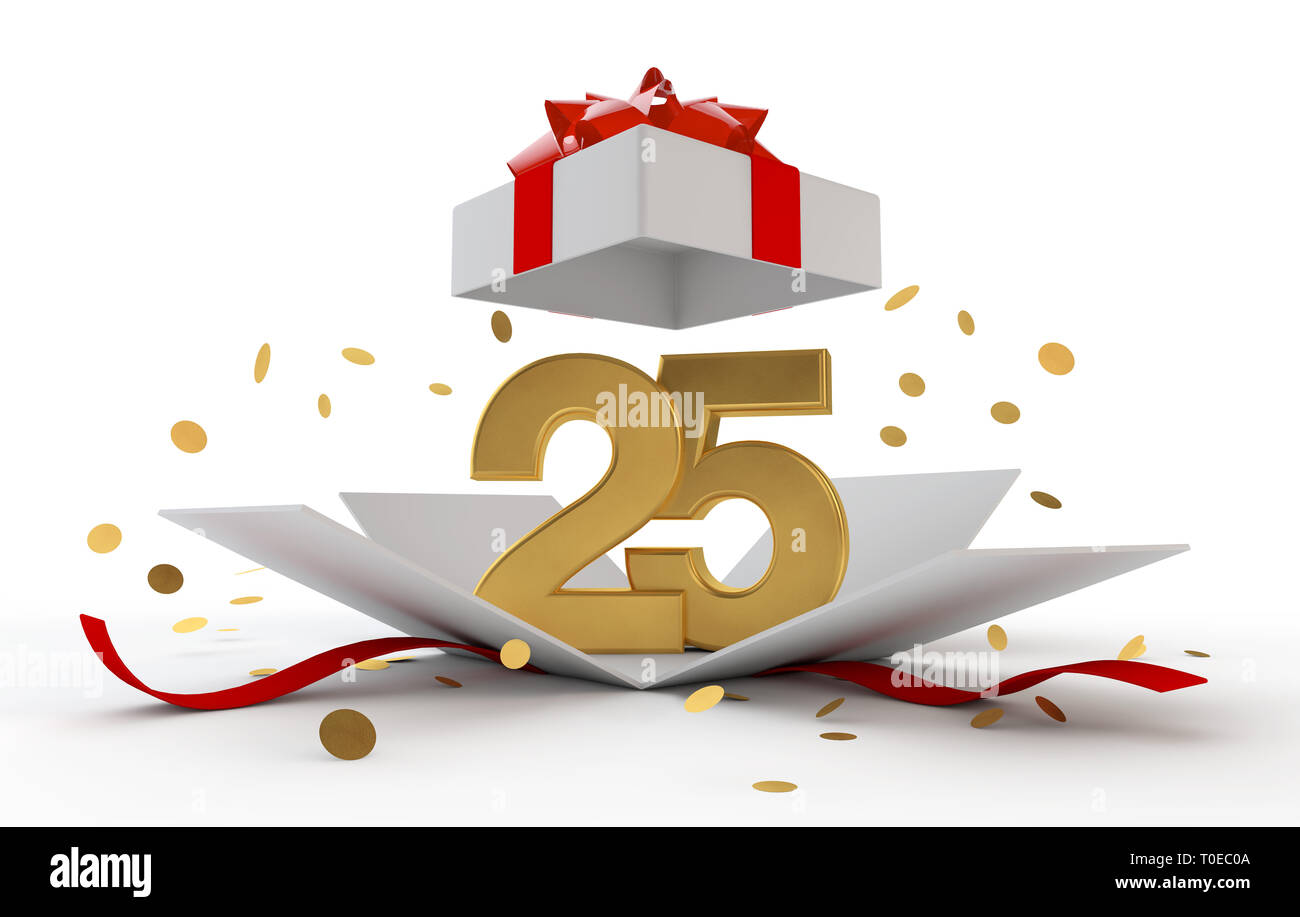 Happy 25th birthday gold surprise boxwith red ribbon. 3D Rendering ...