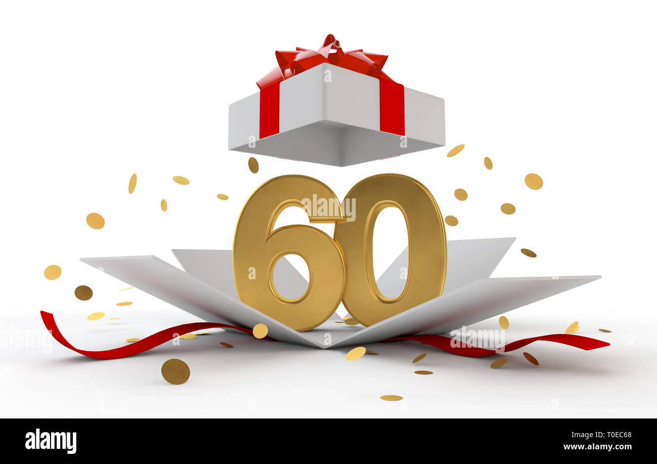 Happy 60th birthday gold surprise boxwith red ribbon. 3D Rendering ...