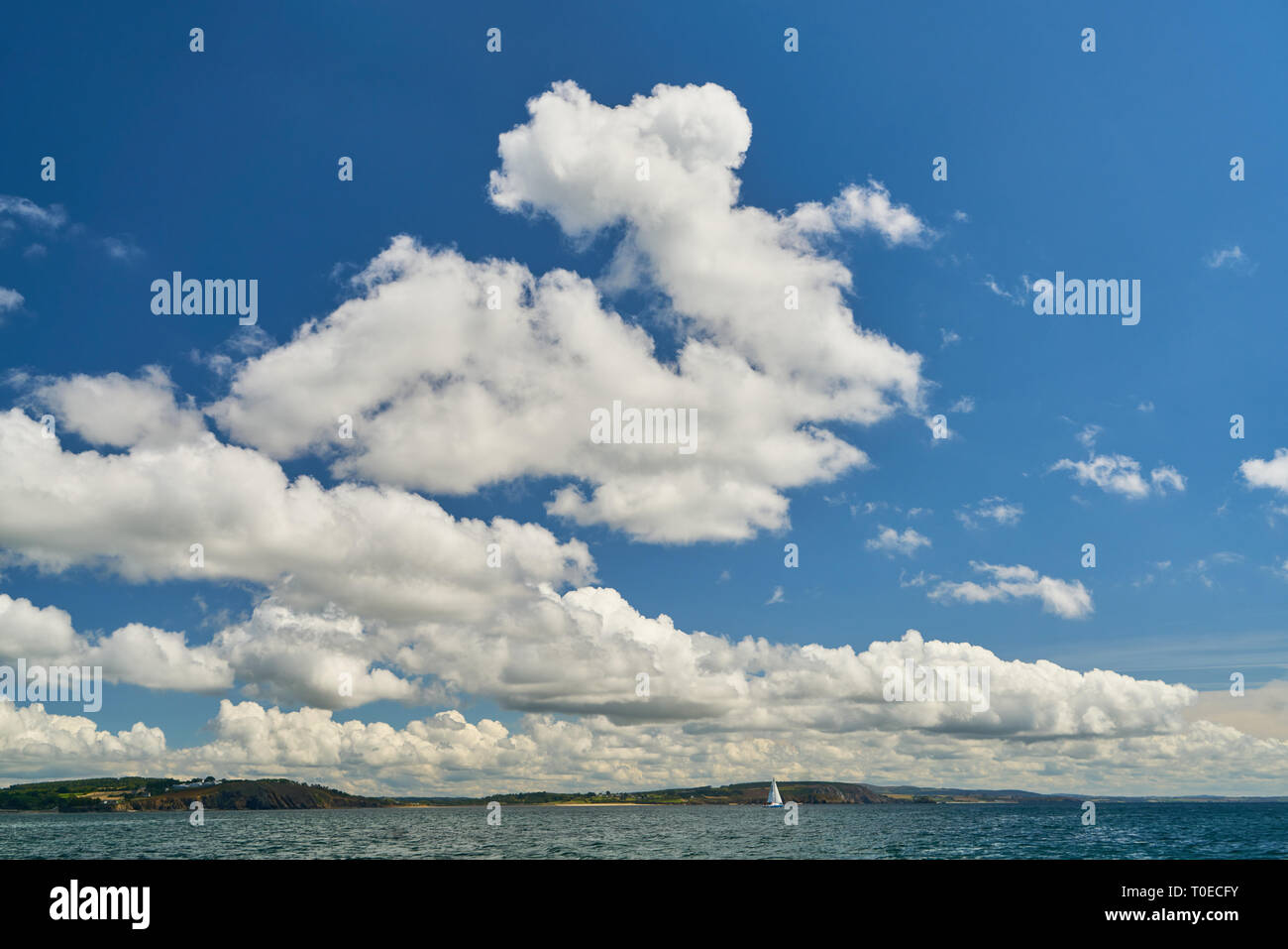 Blue sky with clouds over Atlantic ocean in front of Brittany in France ...