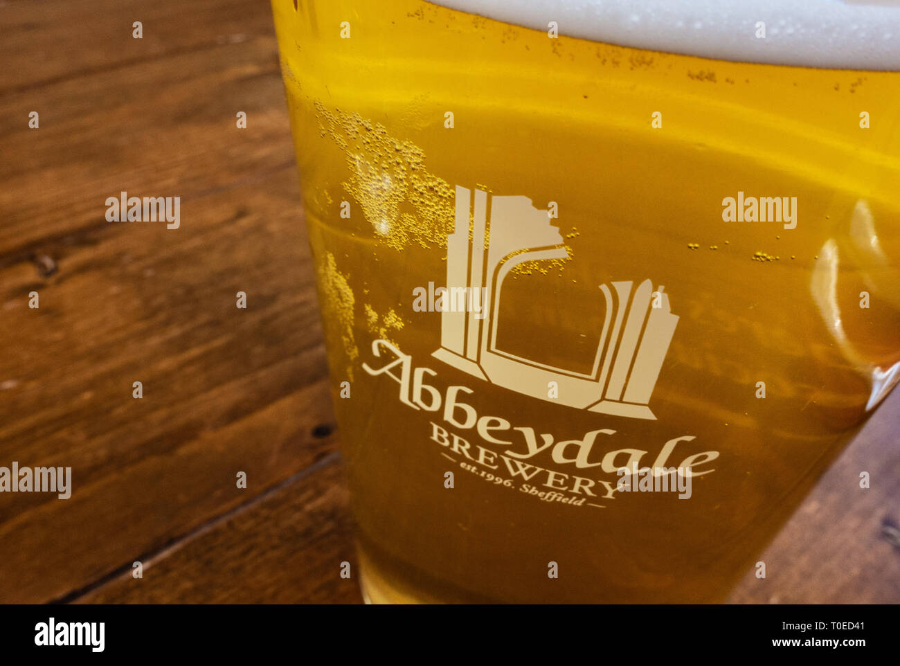 View looking downwards at a freshly drawn pint of Abbeydale brewed ale ...
