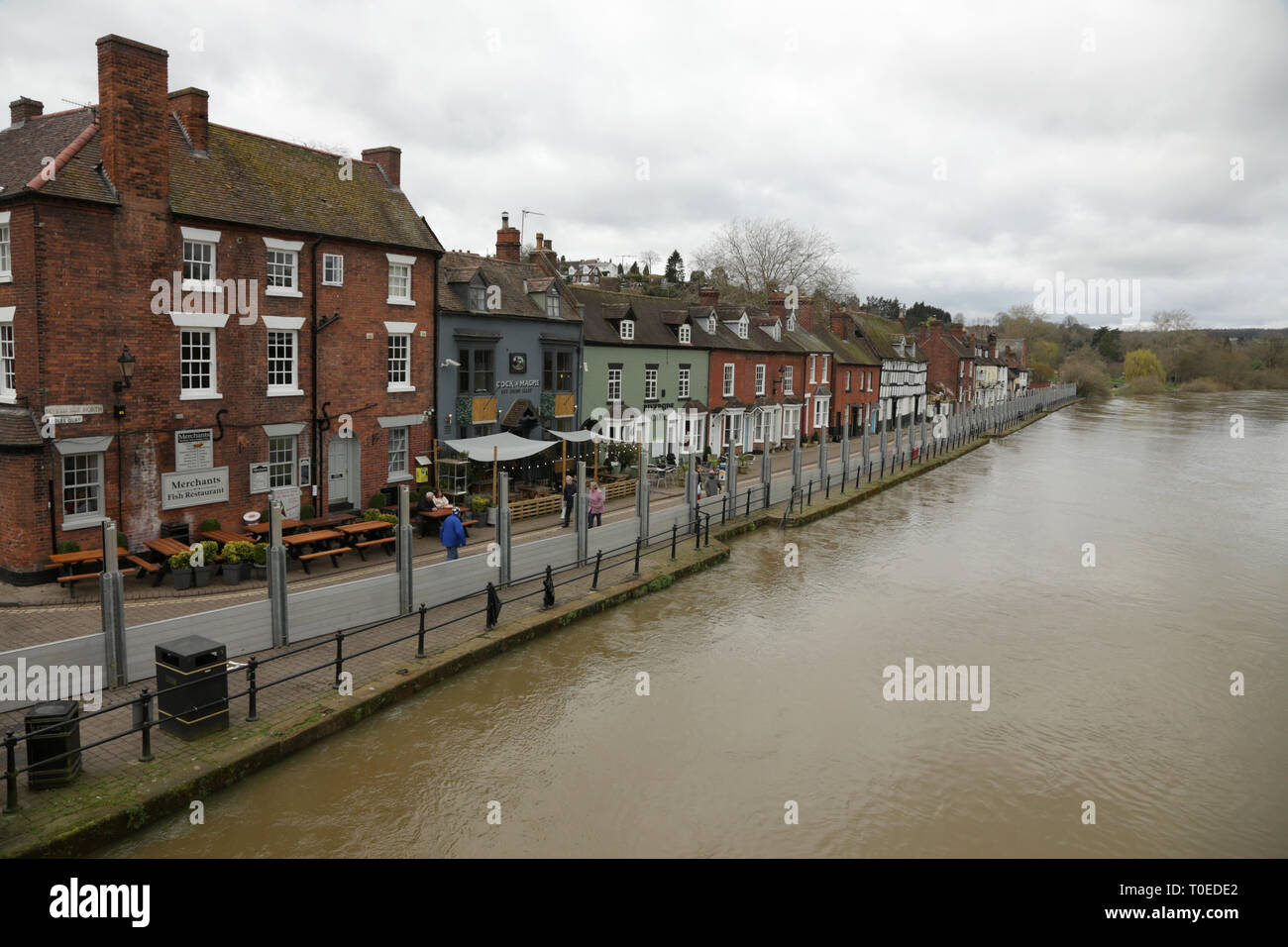 Flood defences erected on the river Severn in Bewdley, Worcestershire ...
