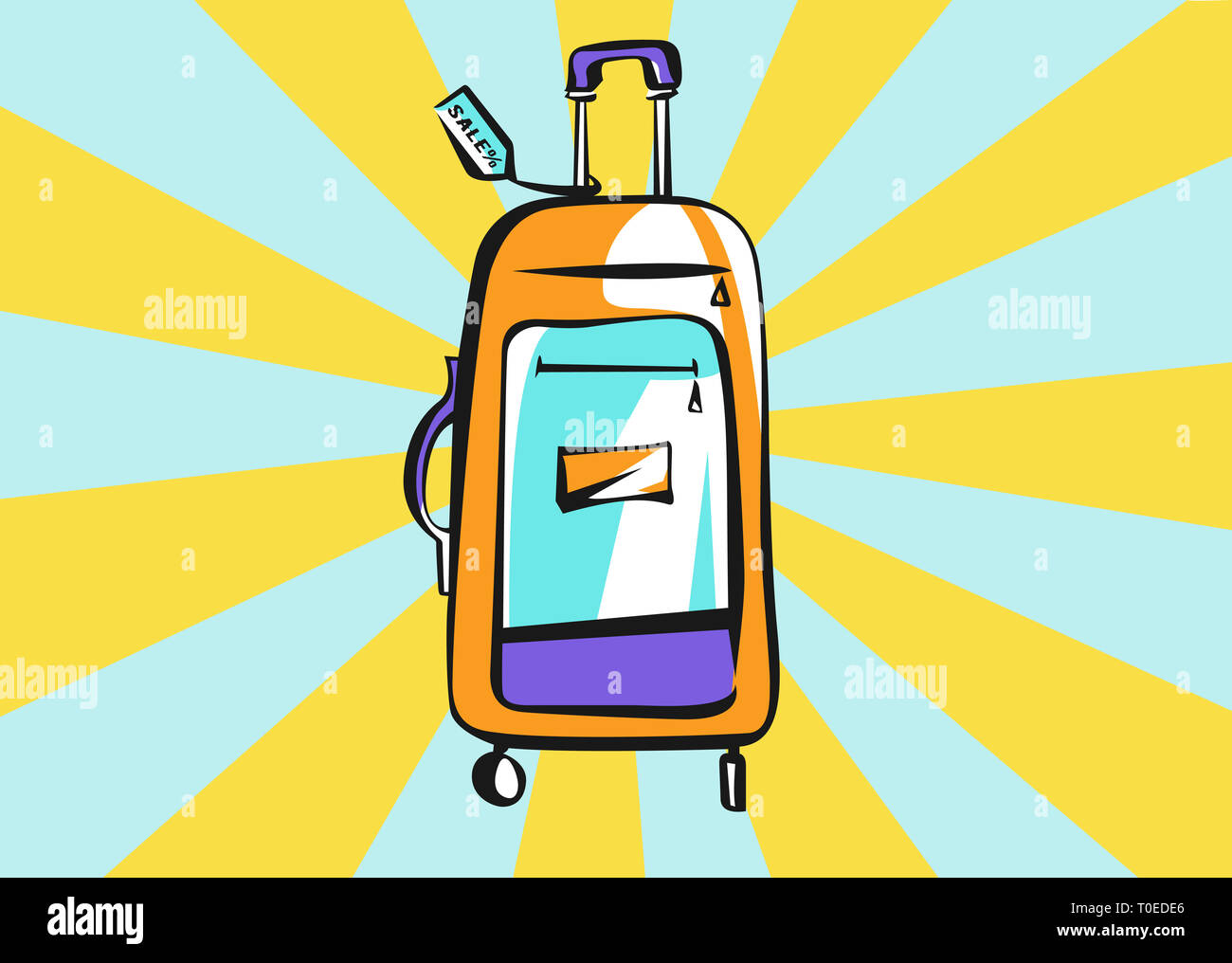 Luggage bag in cartoon style with retro rays Stock Photo - Alamy