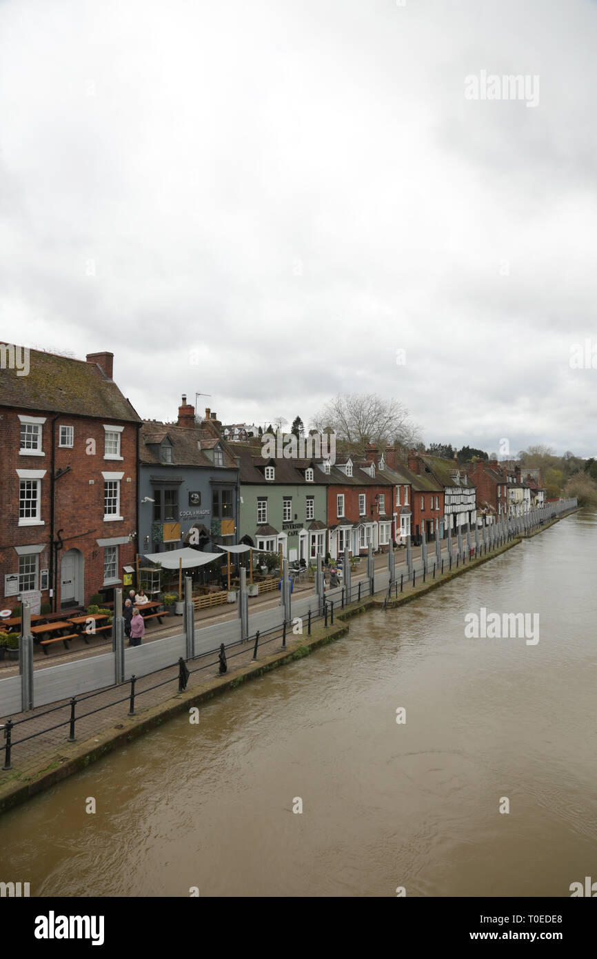 Flood defences erected on the river Severn in Bewdley, Worcestershire ...
