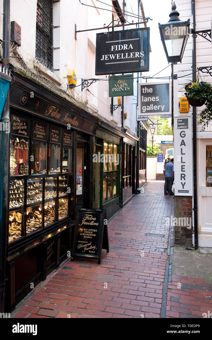 Shops in The Lanes area of the seaside town of Brighton, Sussex ...