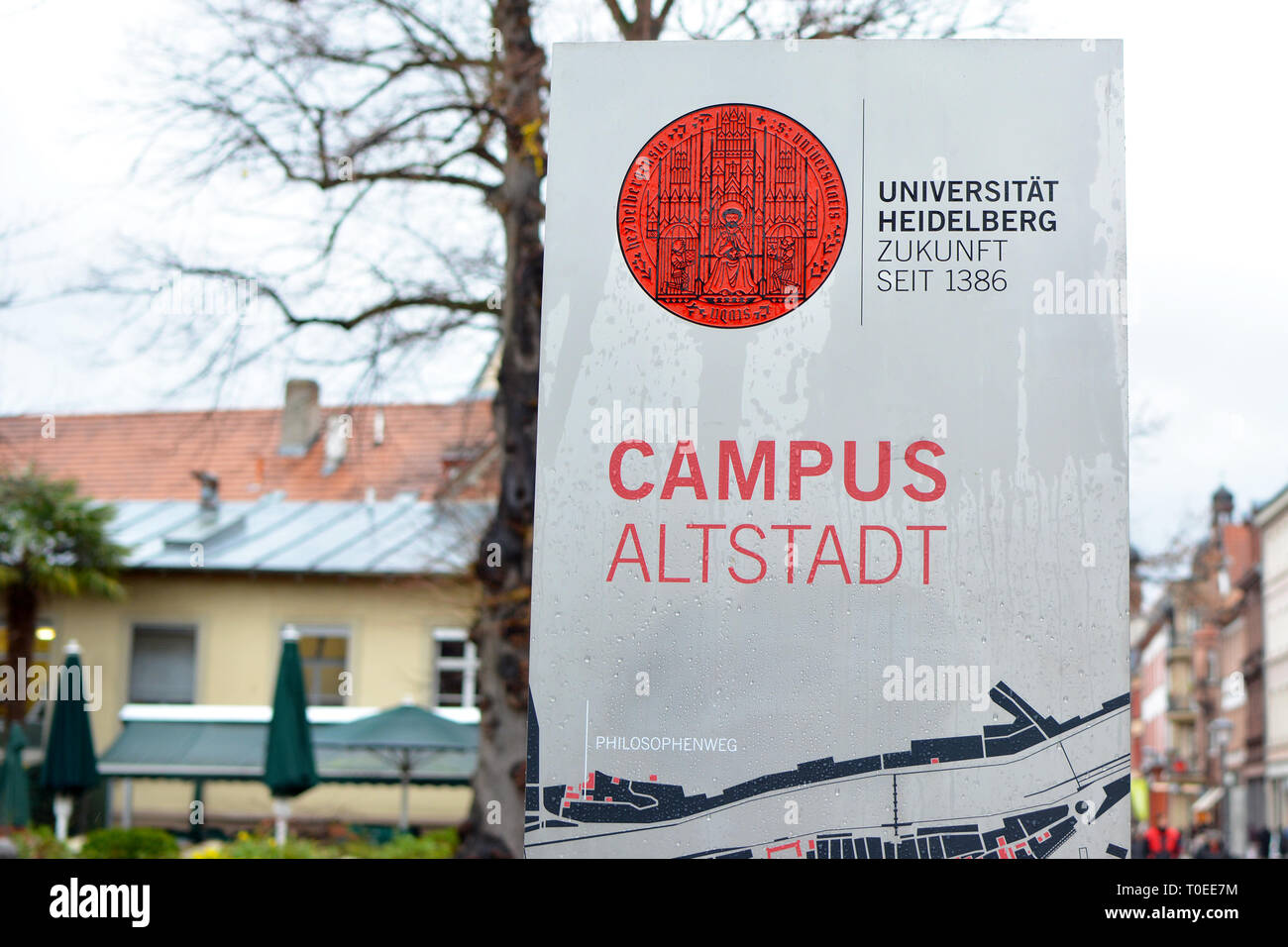Information sign with university of Heidelberg emblem in city center ...