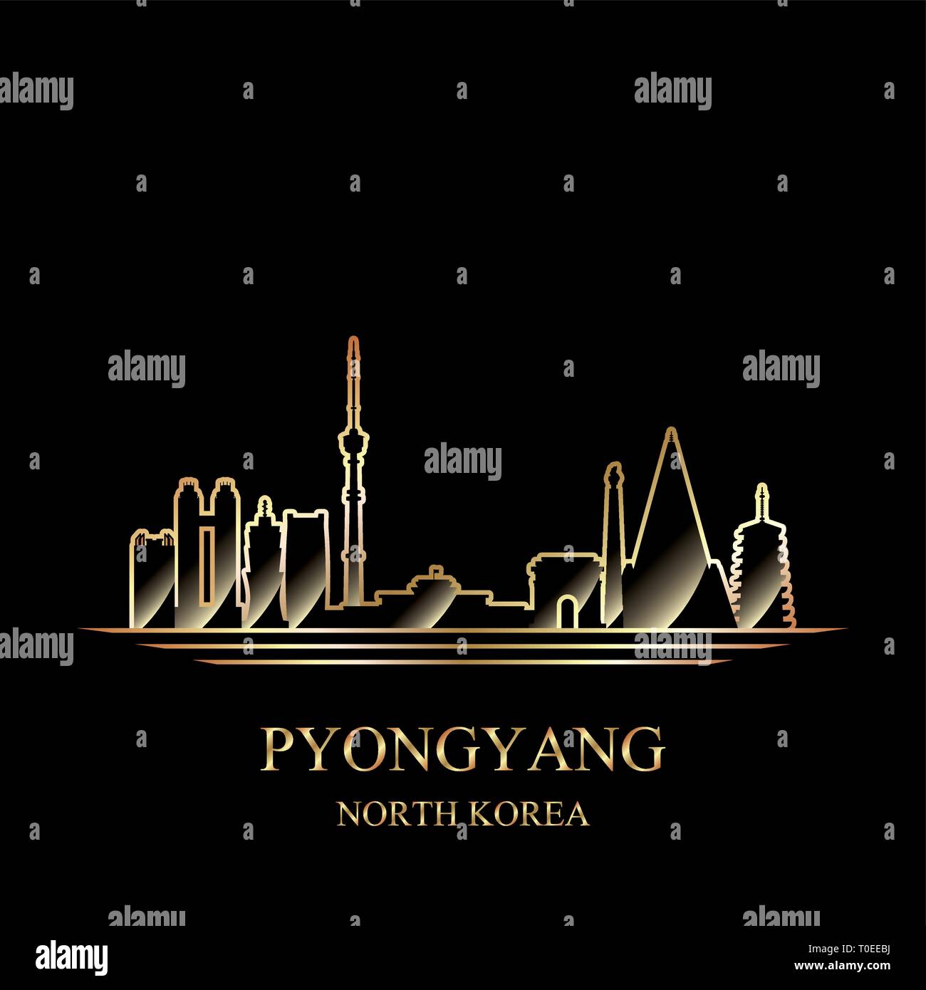 Gold silhouette of Pyongyang on black background vector illustration ...
