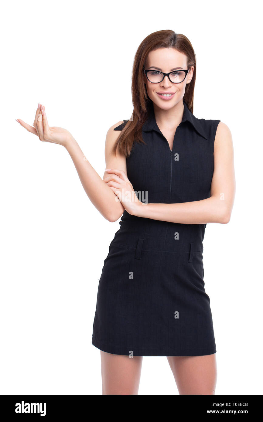 Young woman promoting empty space isolated on white background Stock ...