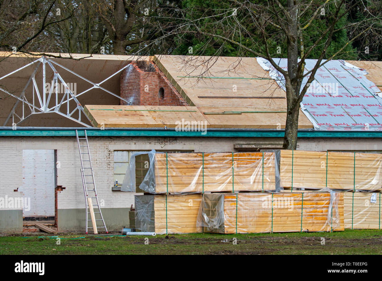 Building fitted with warm pitched roof insulation by installing ...