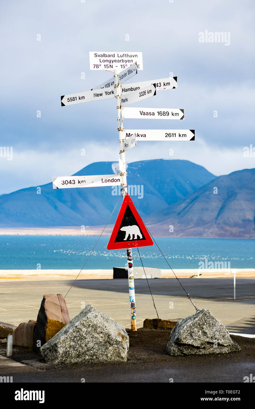1309 km Signpost north pole and attention polarbear on Svalbard ...