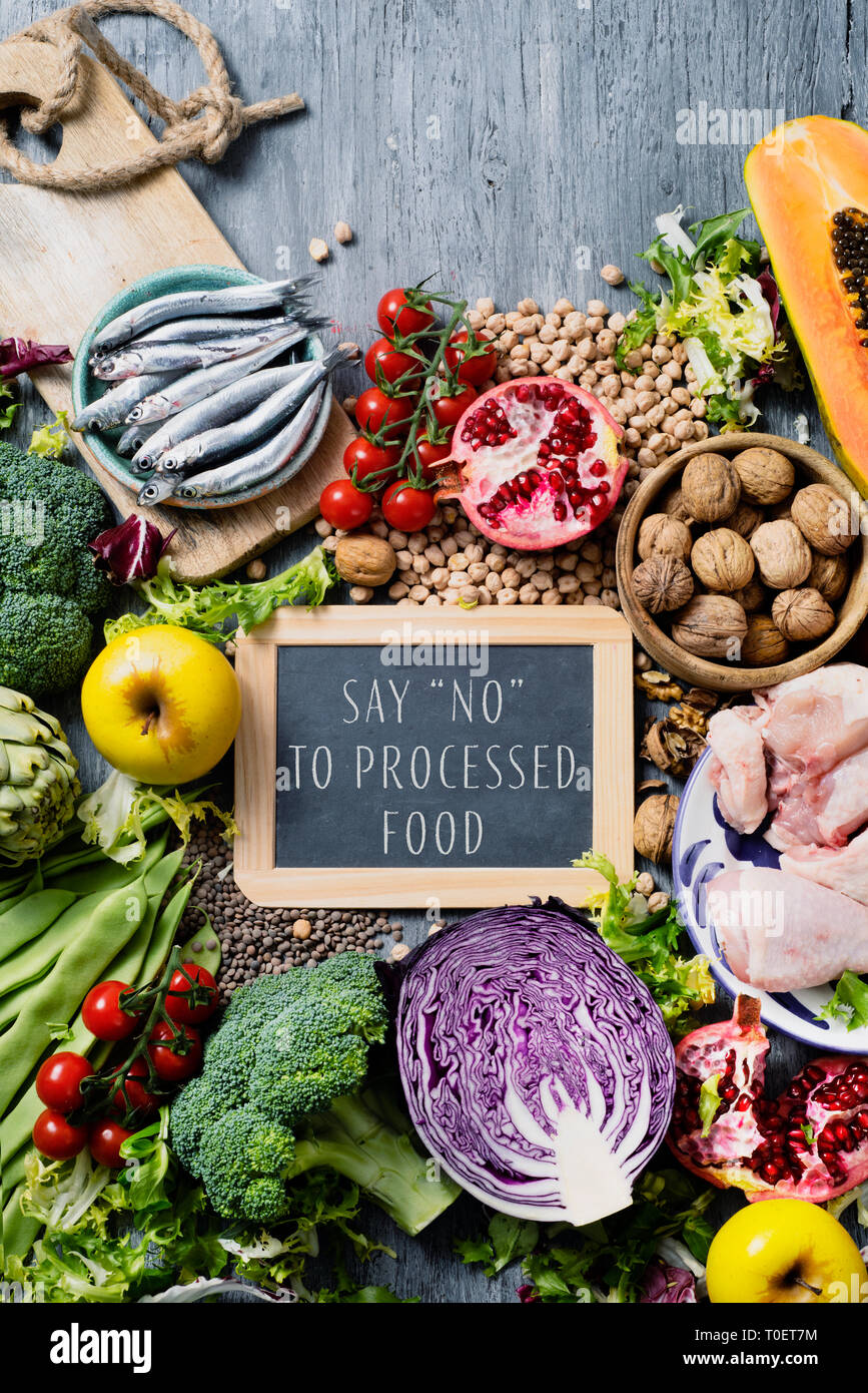 a chalkboard with the text say no to processed food on a pile of ...