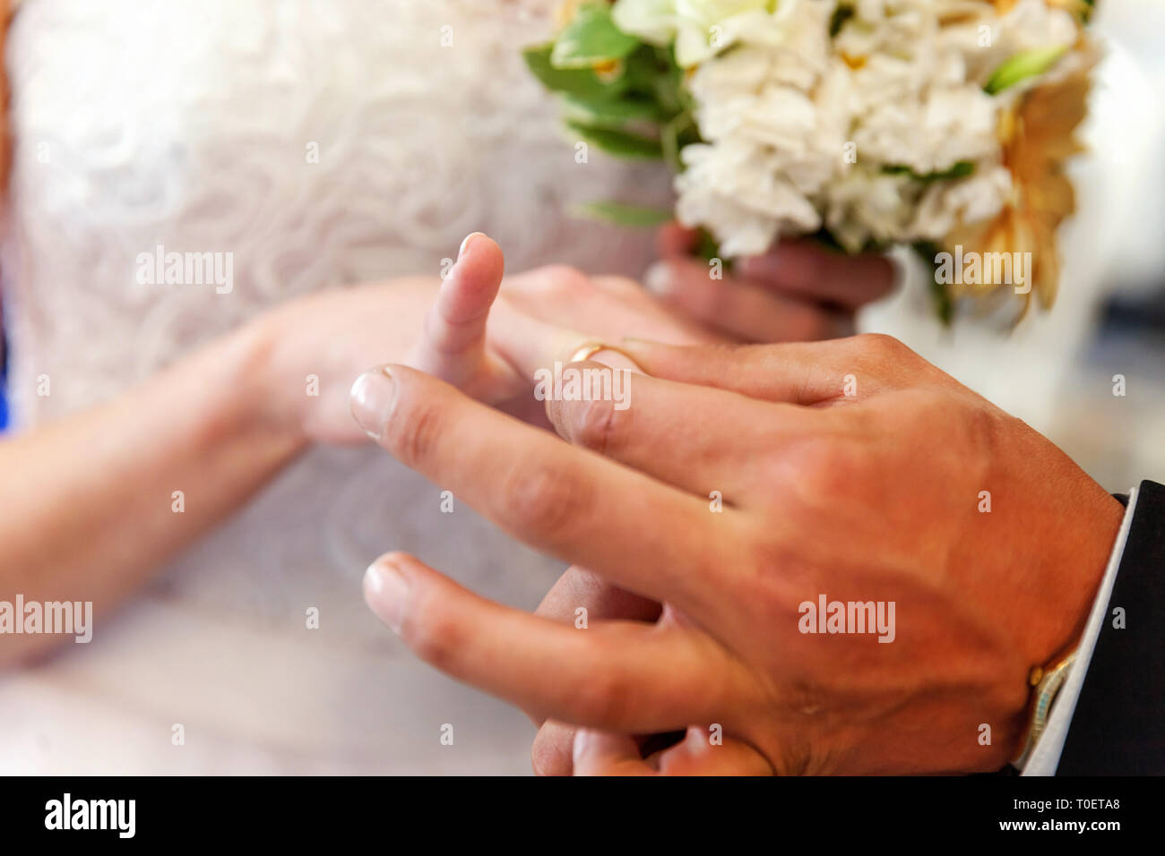 Bride and groom marriage hands with wedding rings. Groom hand putting ...