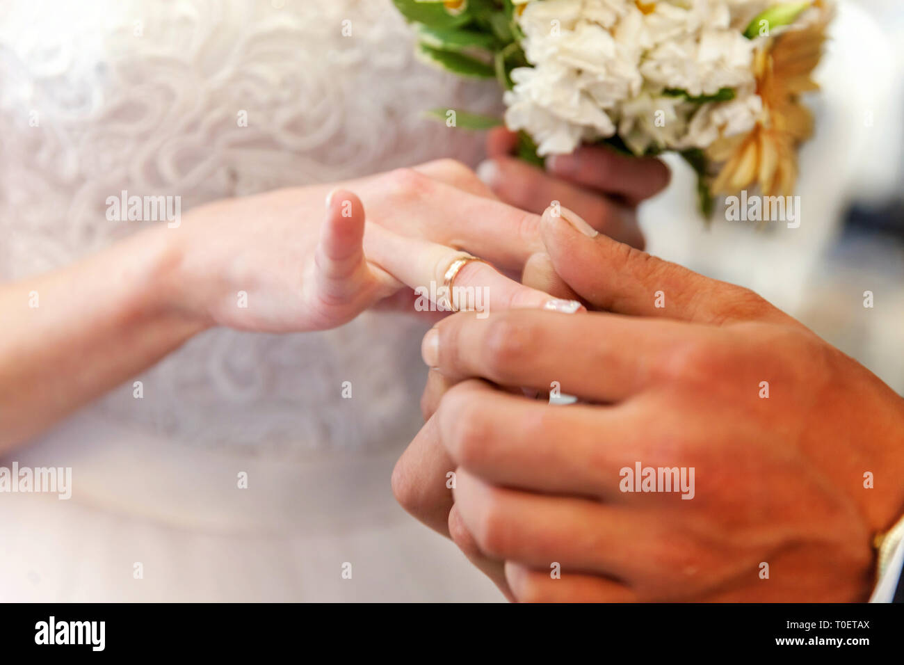 Bride and groom marriage hands with wedding rings. Groom hand putting ...