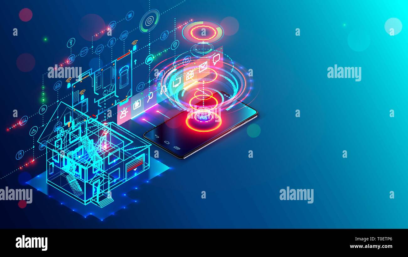 Smart home isometric concept. System control of iot. Internet things in building development and ...