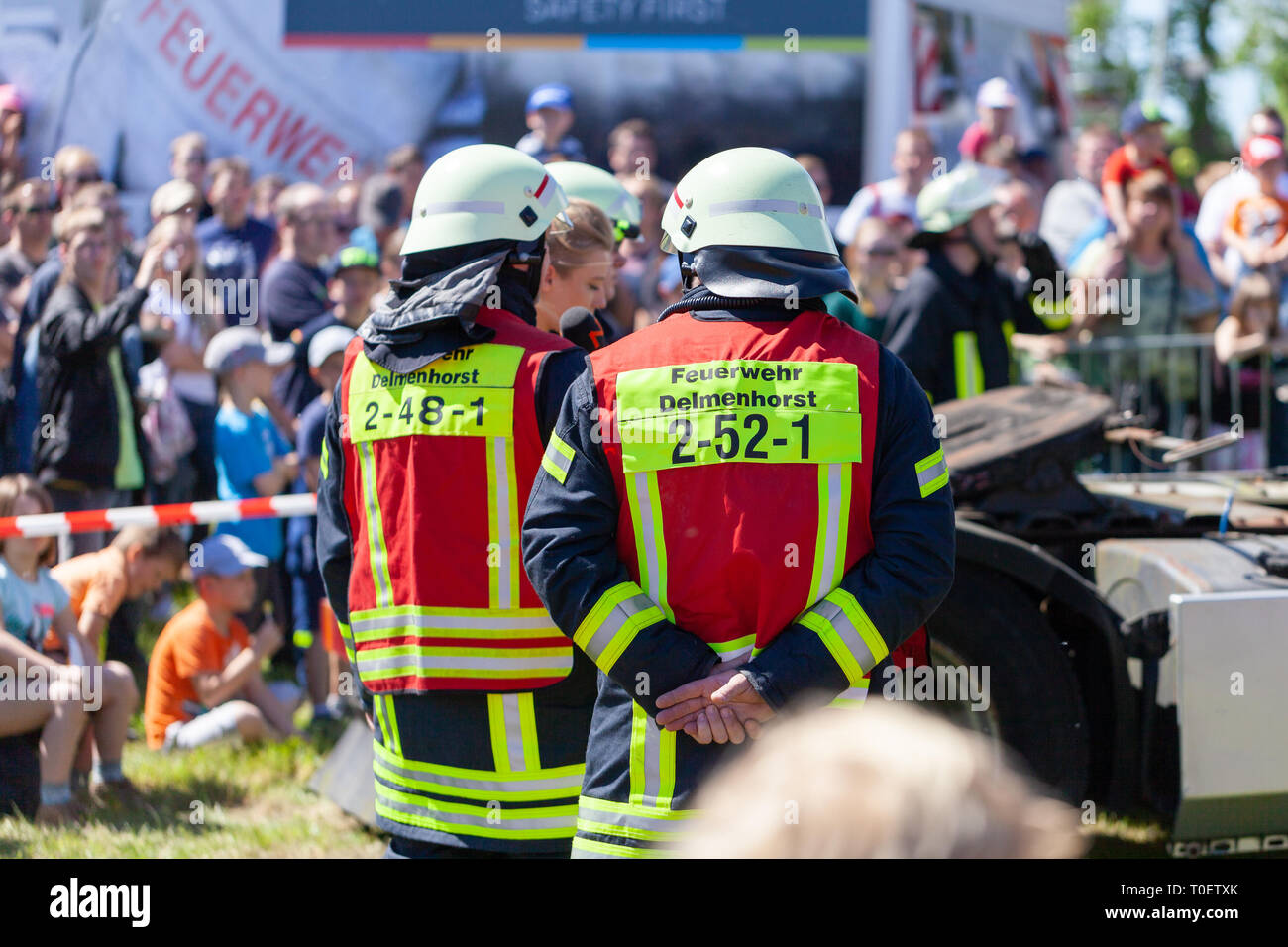 DELMENHORST / GERMANY - MAY 6, 2018: German firefighters train on a ...