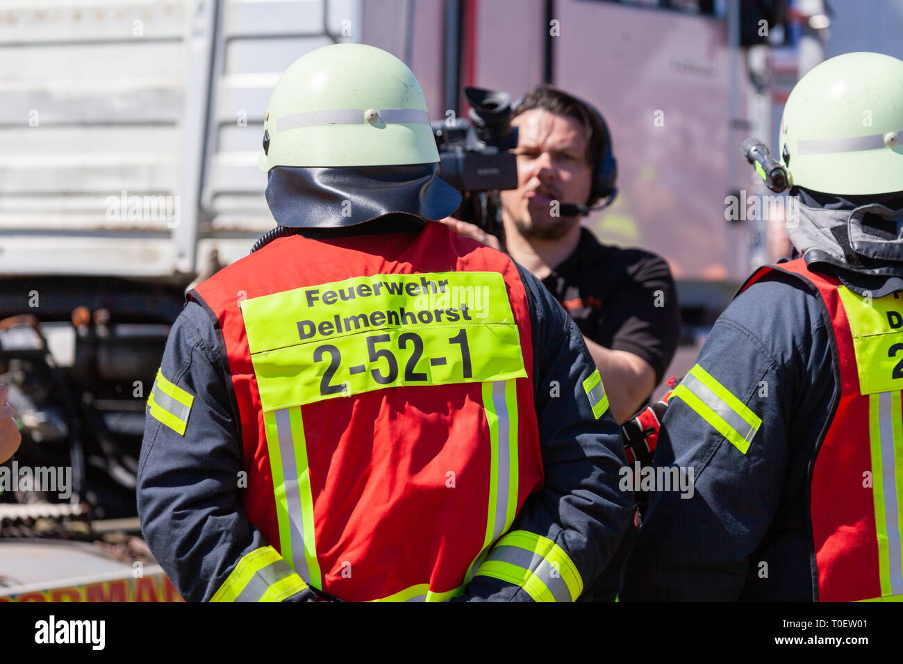 DELMENHORST / GERMANY - MAY 6, 2018: German firefighters train on a ...