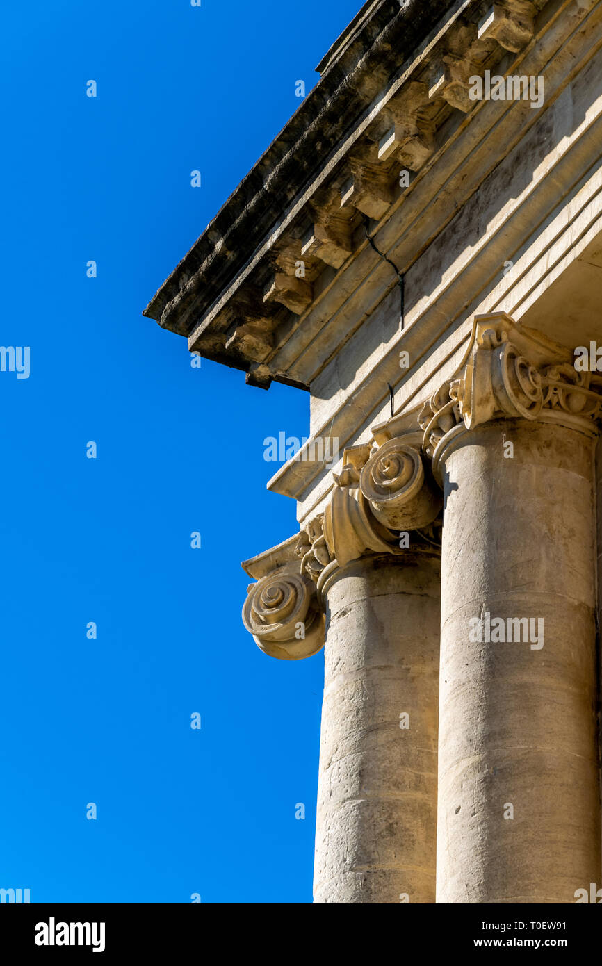 Detail of the stonework showing ionic columns and modillion cornice of ...