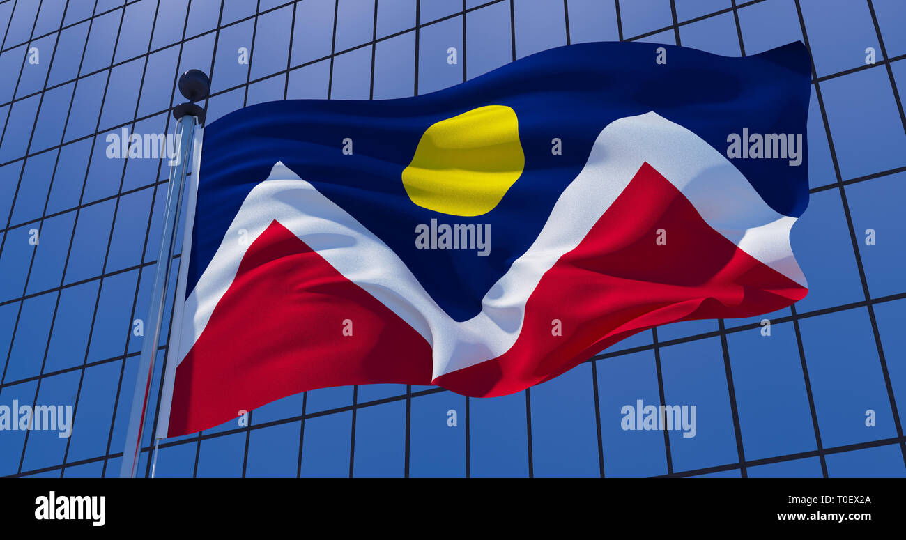 Denver flag on skyscraper building background, Colorado, USA. 3d ...