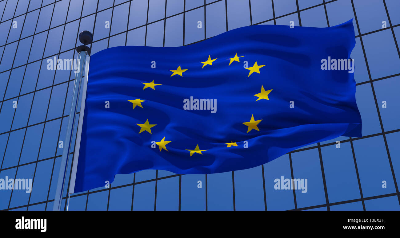 European Union flag on skyscraper building background. 3d illustration ...