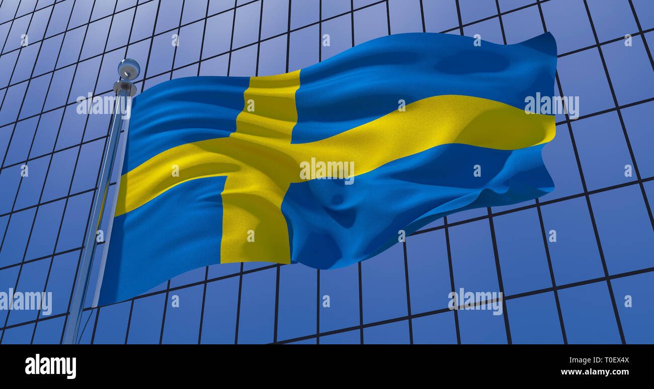 Sweden flag on skyscraper building background. 3d illustration Stock ...