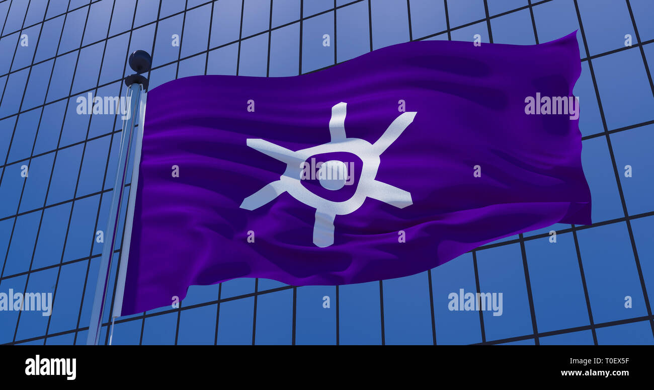 Tokyo prefecture flag on skyscraper building background. 3d ...