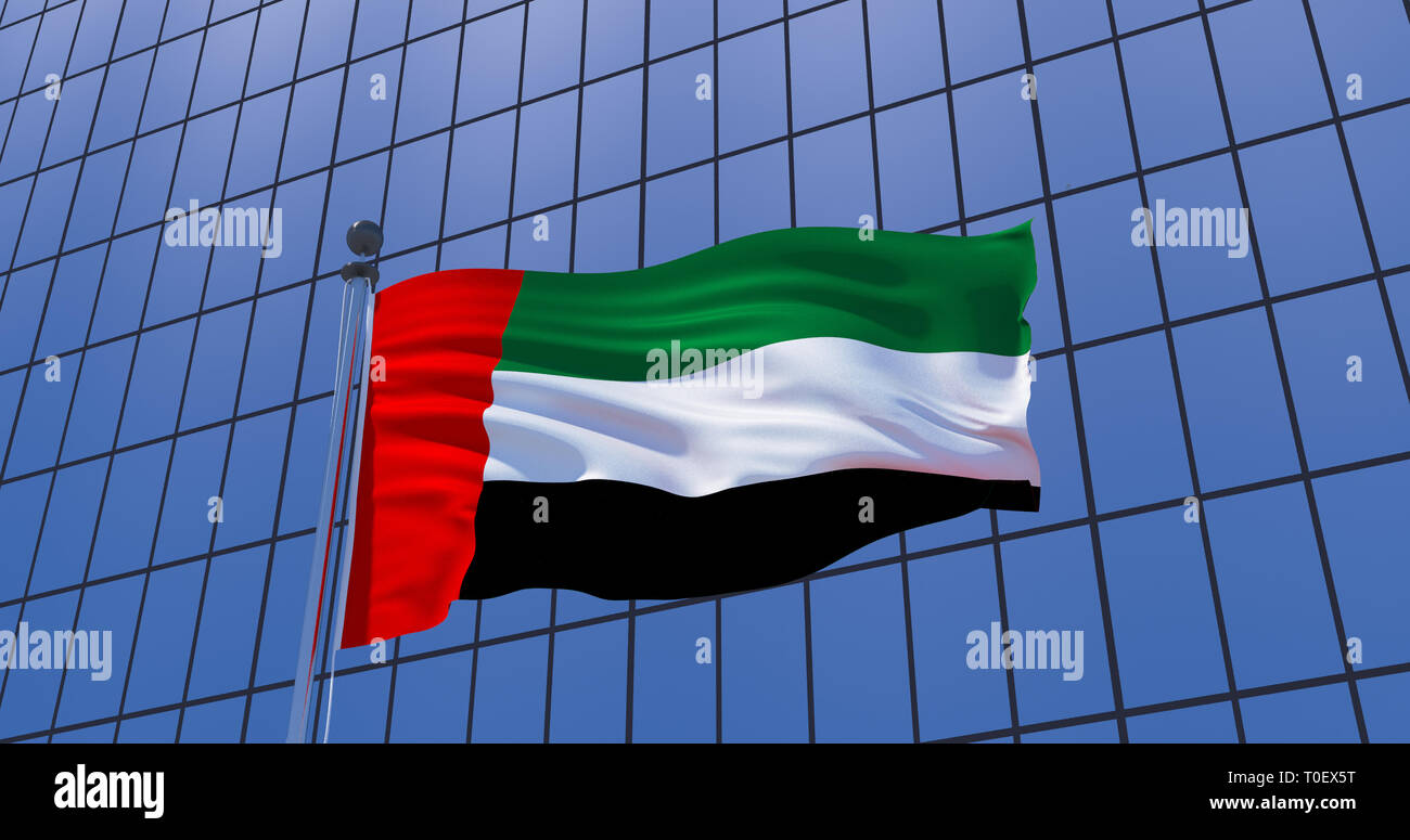 United Arab Emirates flag on skyscraper building background. 3d ...