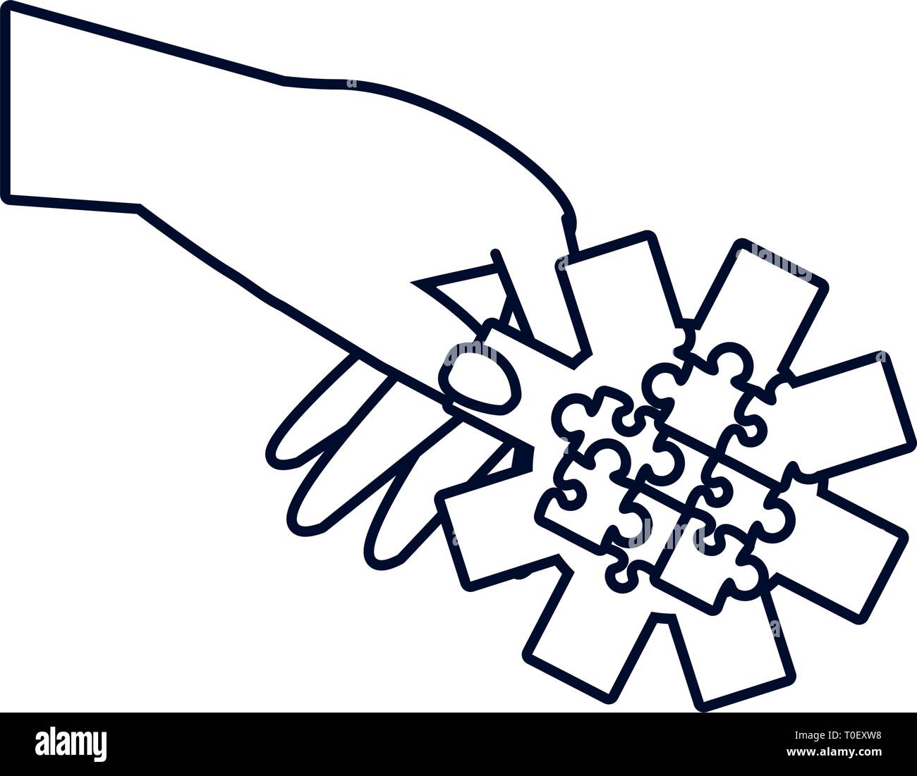 hand with puzzle pieces in shape pinion vector illustration design ...