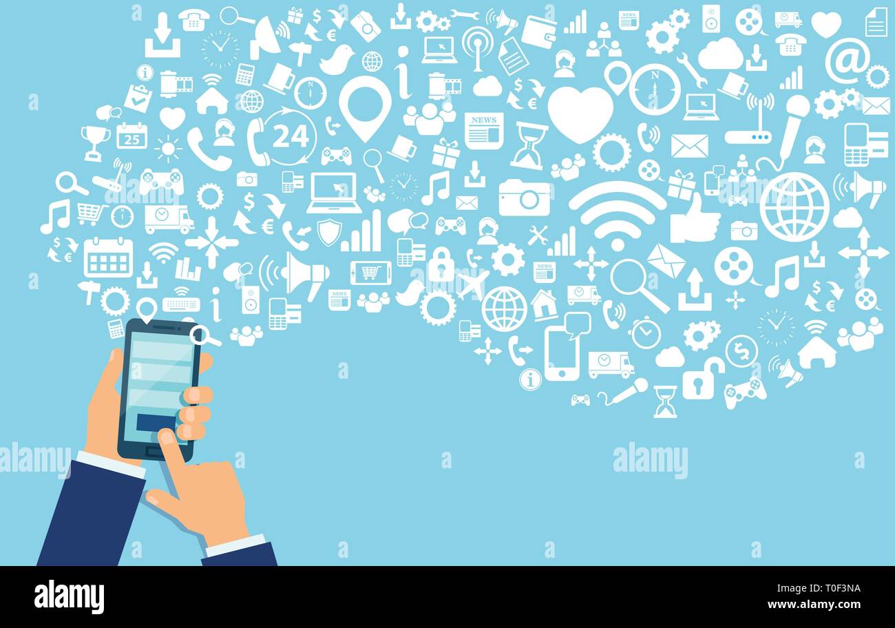 Vector of a business man hand using multiple smartphone apps browsing ...