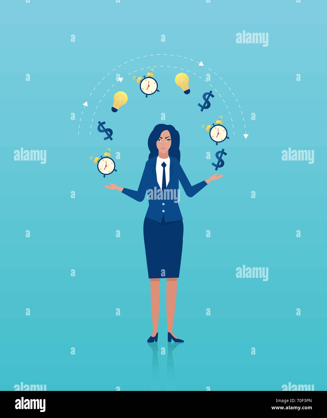 Vector of a business woman juggling dollar, alarm clock and light bulb ...