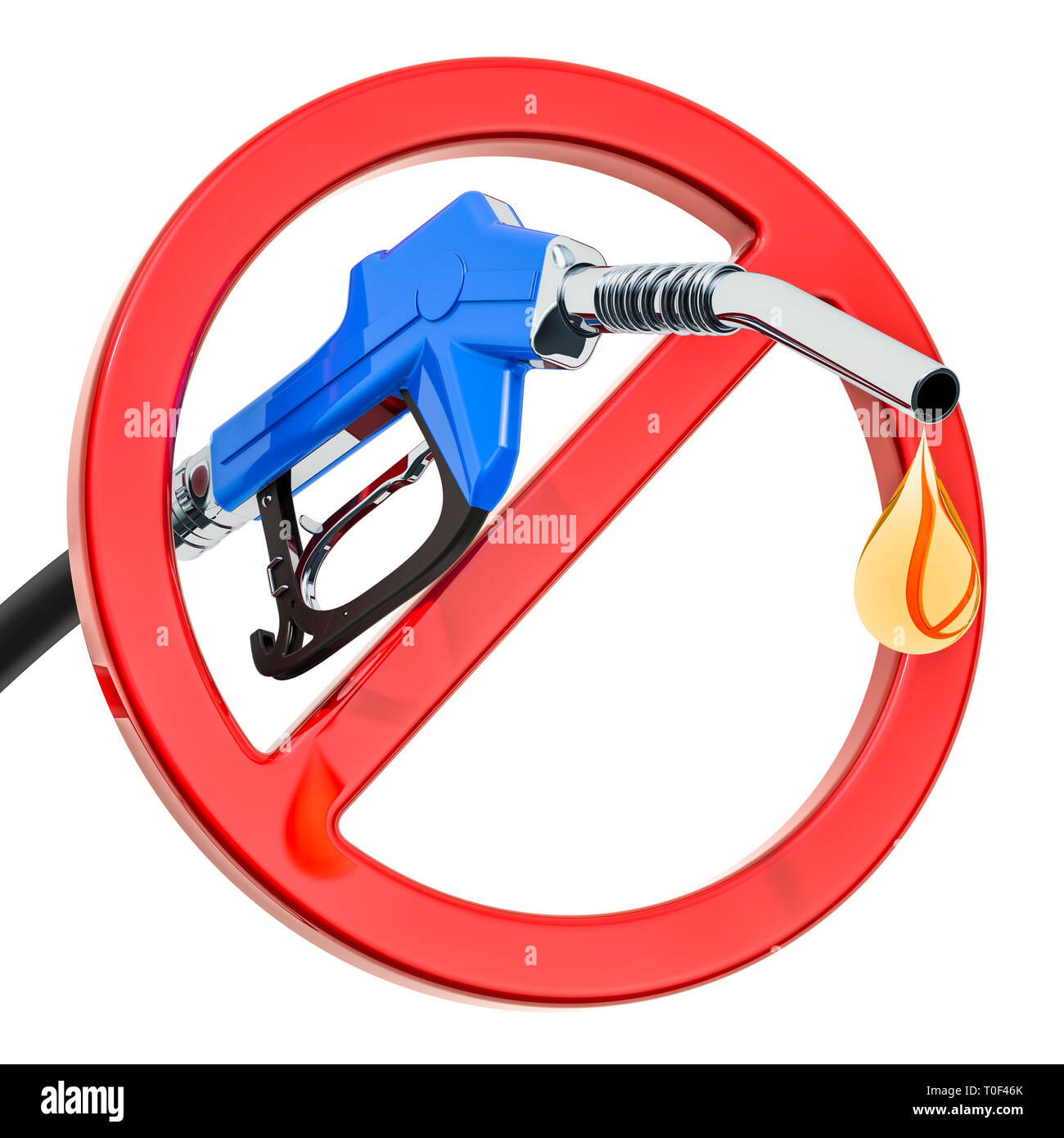 Gas pump nozzle with forbidden sign, 3D rendering isolated on white ...