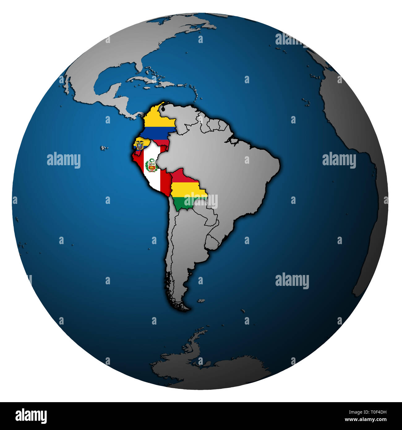 flags of member countries of Andean Community on political map of globe ...