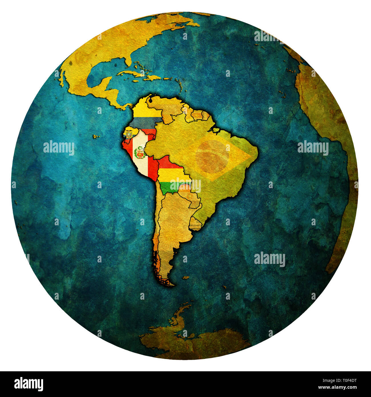 flags of member countries of Andean Community on political map of globe ...