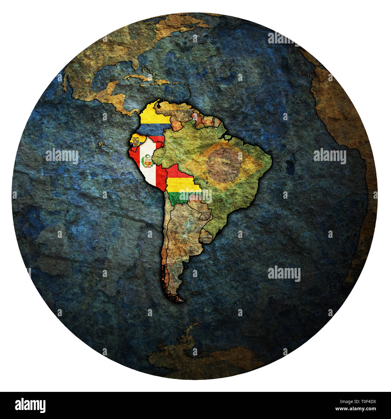 flags of member countries of Andean Community on political map of globe ...