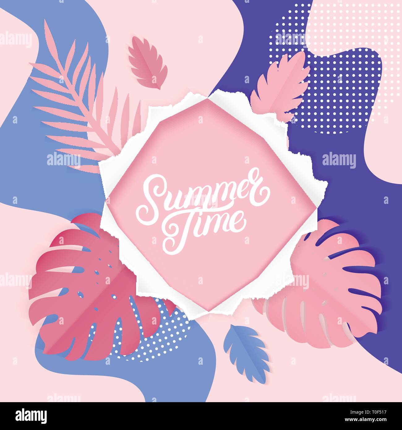 Summer time hand written lettering tropical poster. Paper ragged hole ...