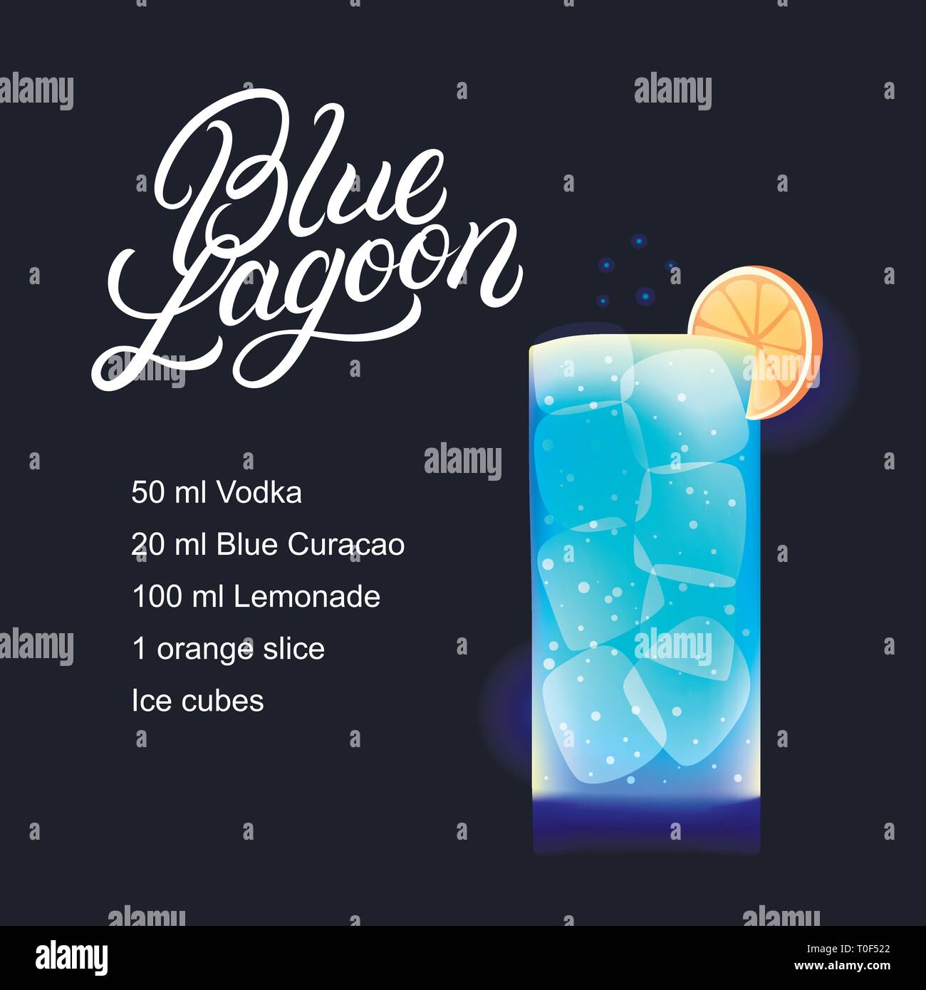 Blue Lagoon alcohol cocktail recipe. Modern hand written lettering ...