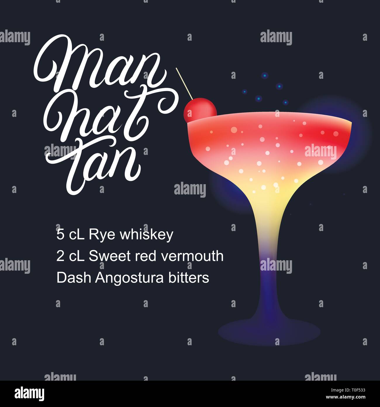 Manhattan alcohol cocktail recipe. Modern hand written lettering label ...