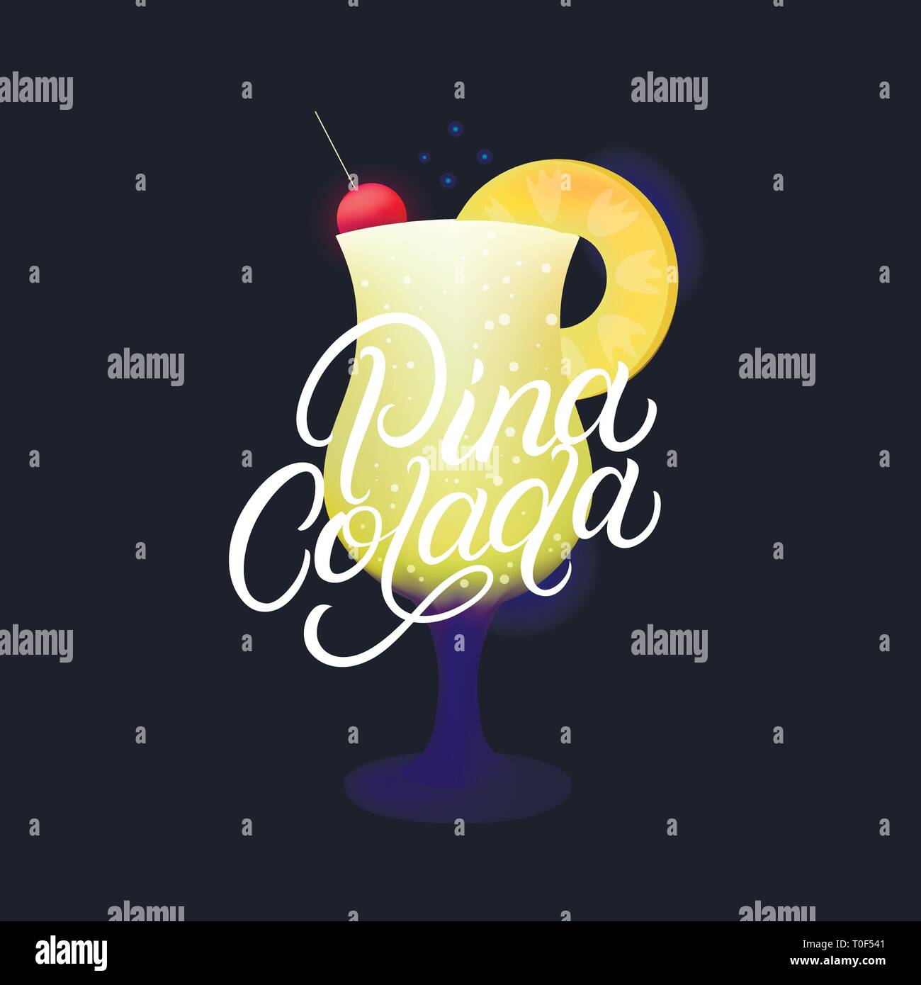 Alcohol cocktail Pina Colada. Modern hand written lettering label. Dark ...