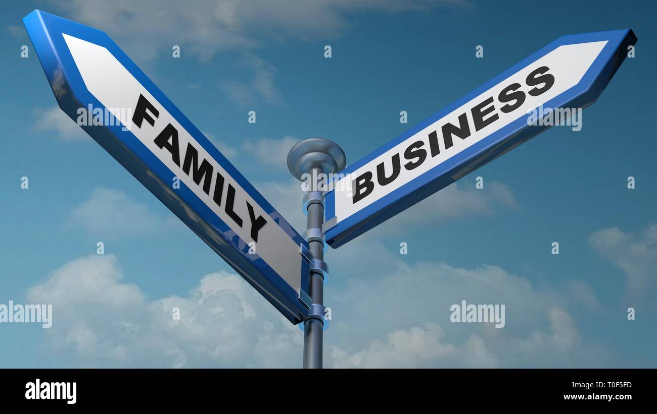 Family - Business blue arrow street signs - 3D rendering illustration ...