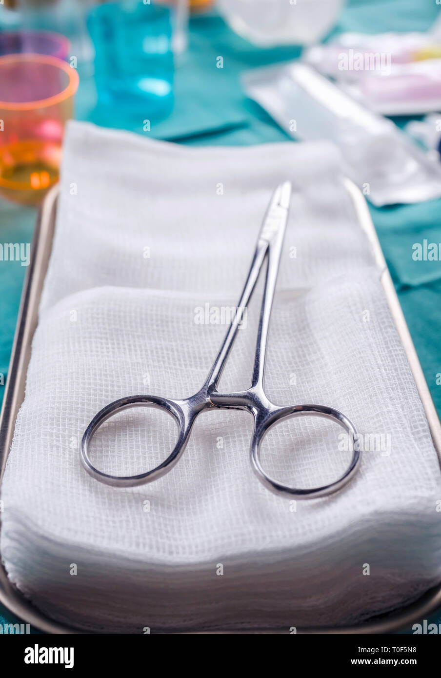 Scissors for surgery on a tray, Gauzes sterile in operating room ...