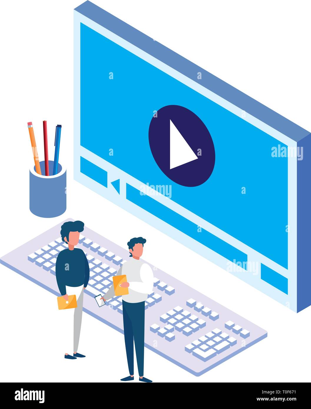 desktop with mini people workers vector illustration design Stock ...