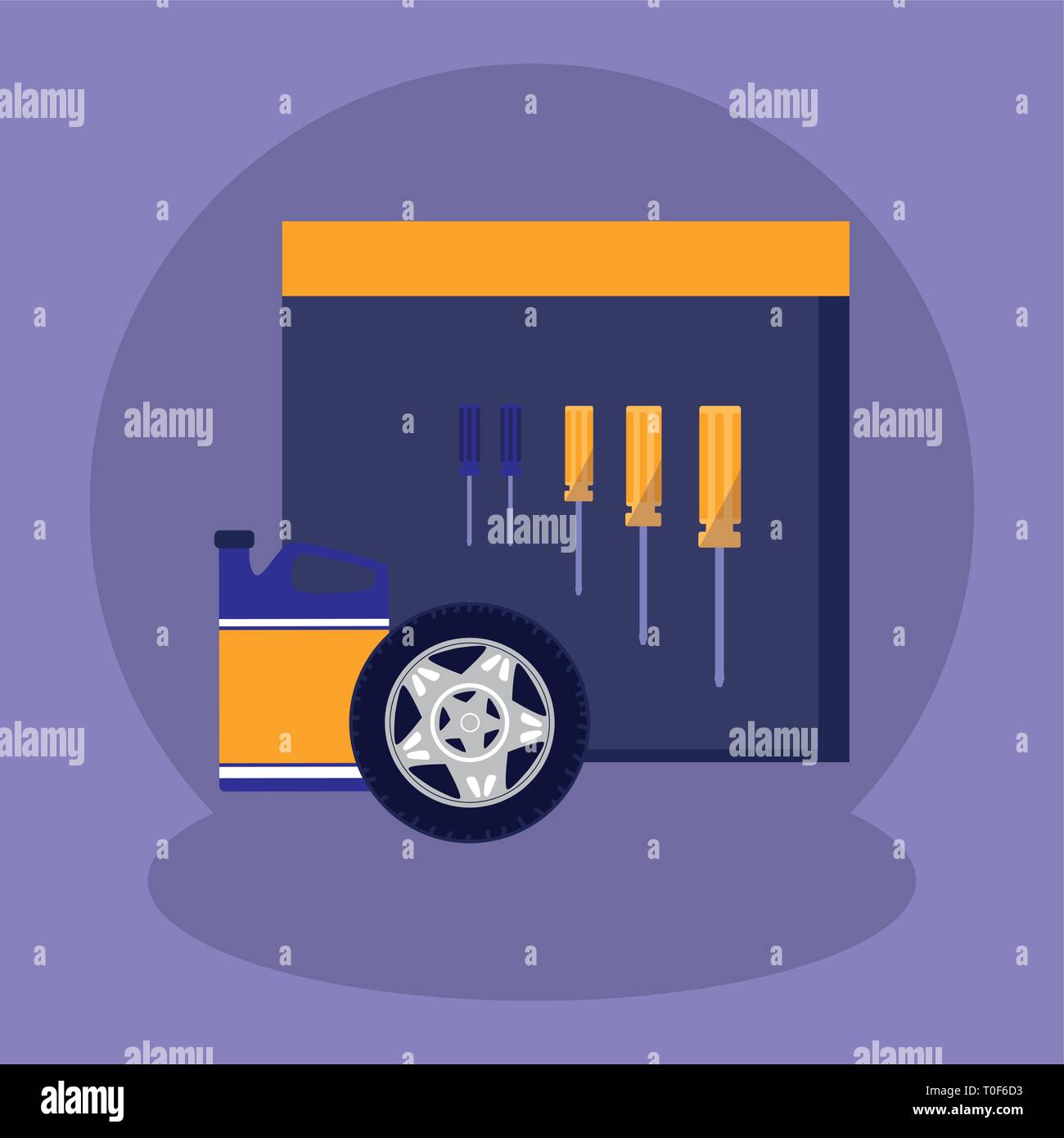 board with mechanic tools hanging and tire car vector illustration ...