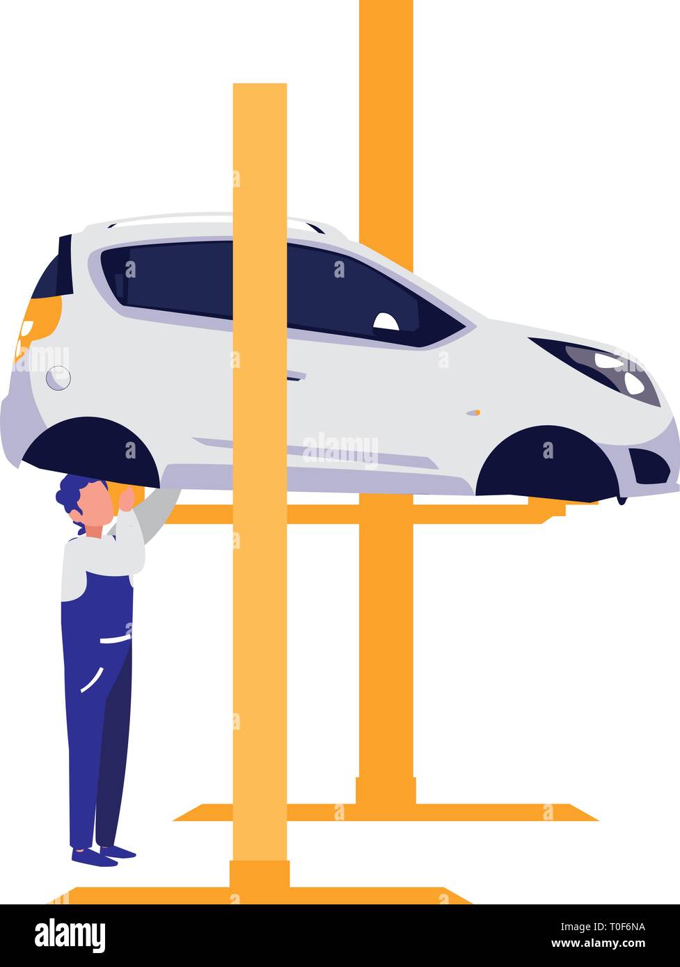 mechanic worker with car in platform vector illustration design Stock ...