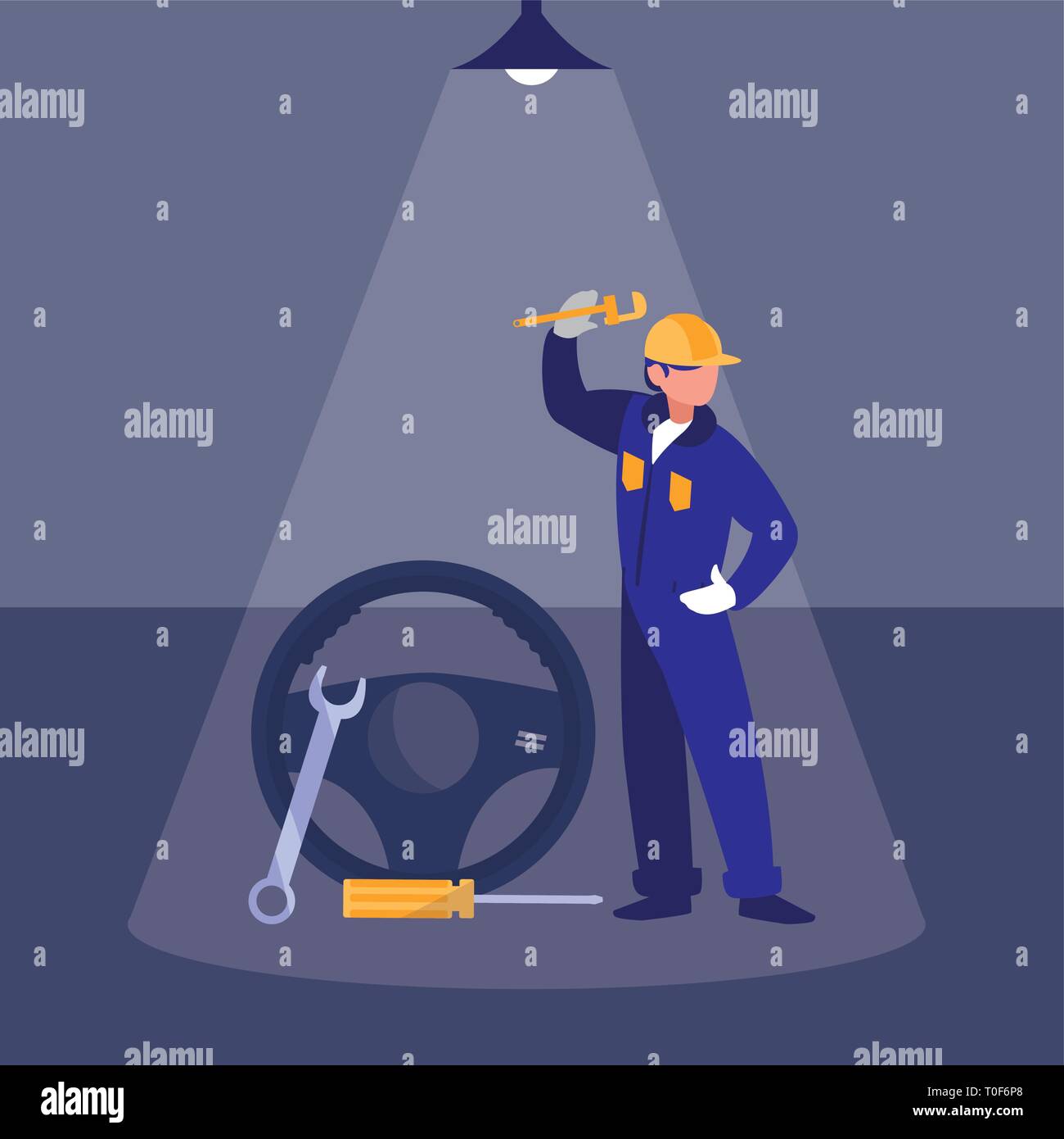 mechanic worker with drive wheel car vector illustration design Stock ...