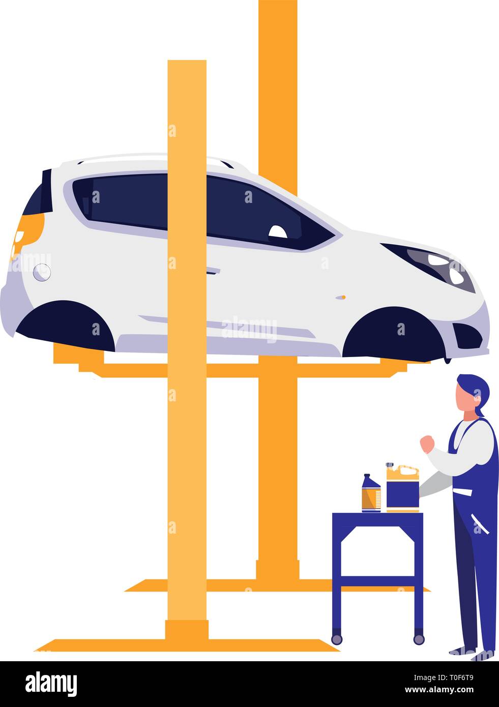 mechanic worker with car in platform vector illustration design Stock ...