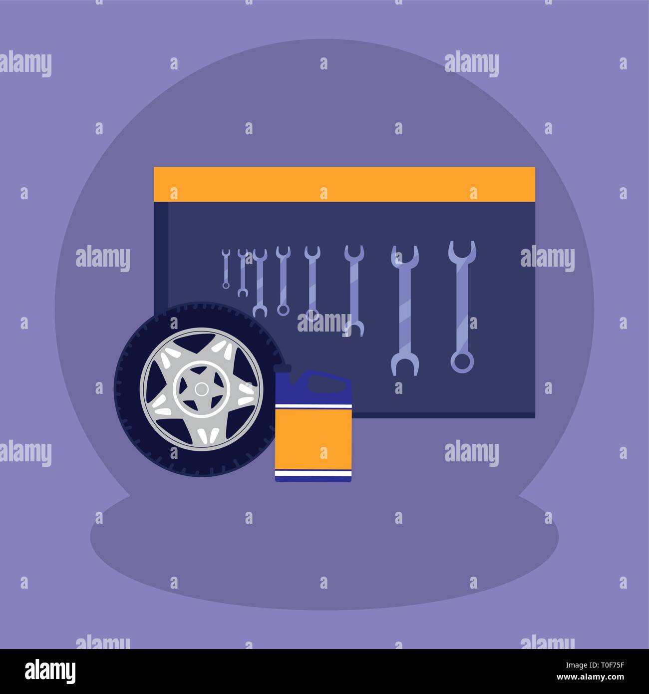 board with mechanic tools hanging and tire car vector illustration ...