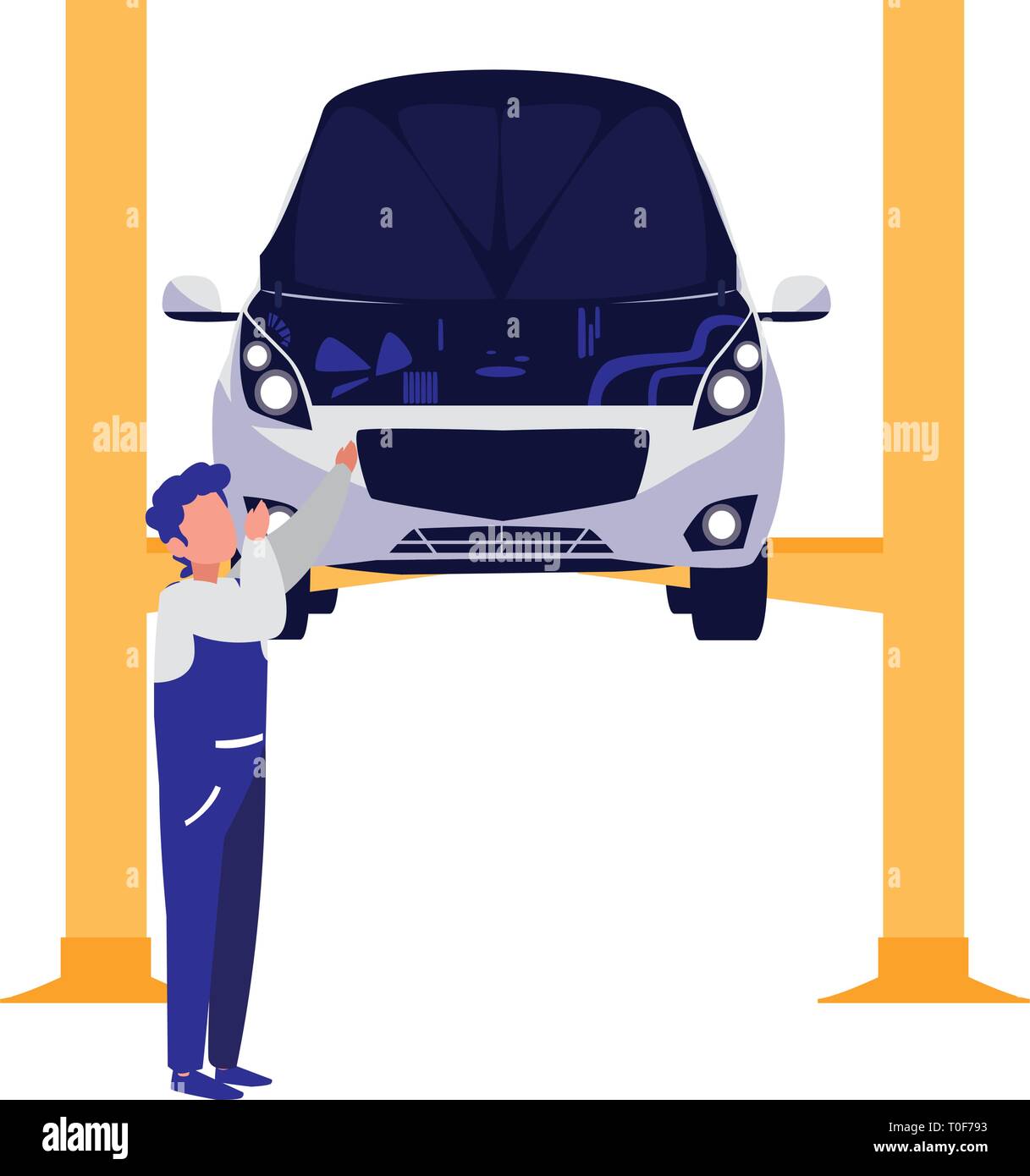 mechanic worker with car in platform vector illustration design Stock ...