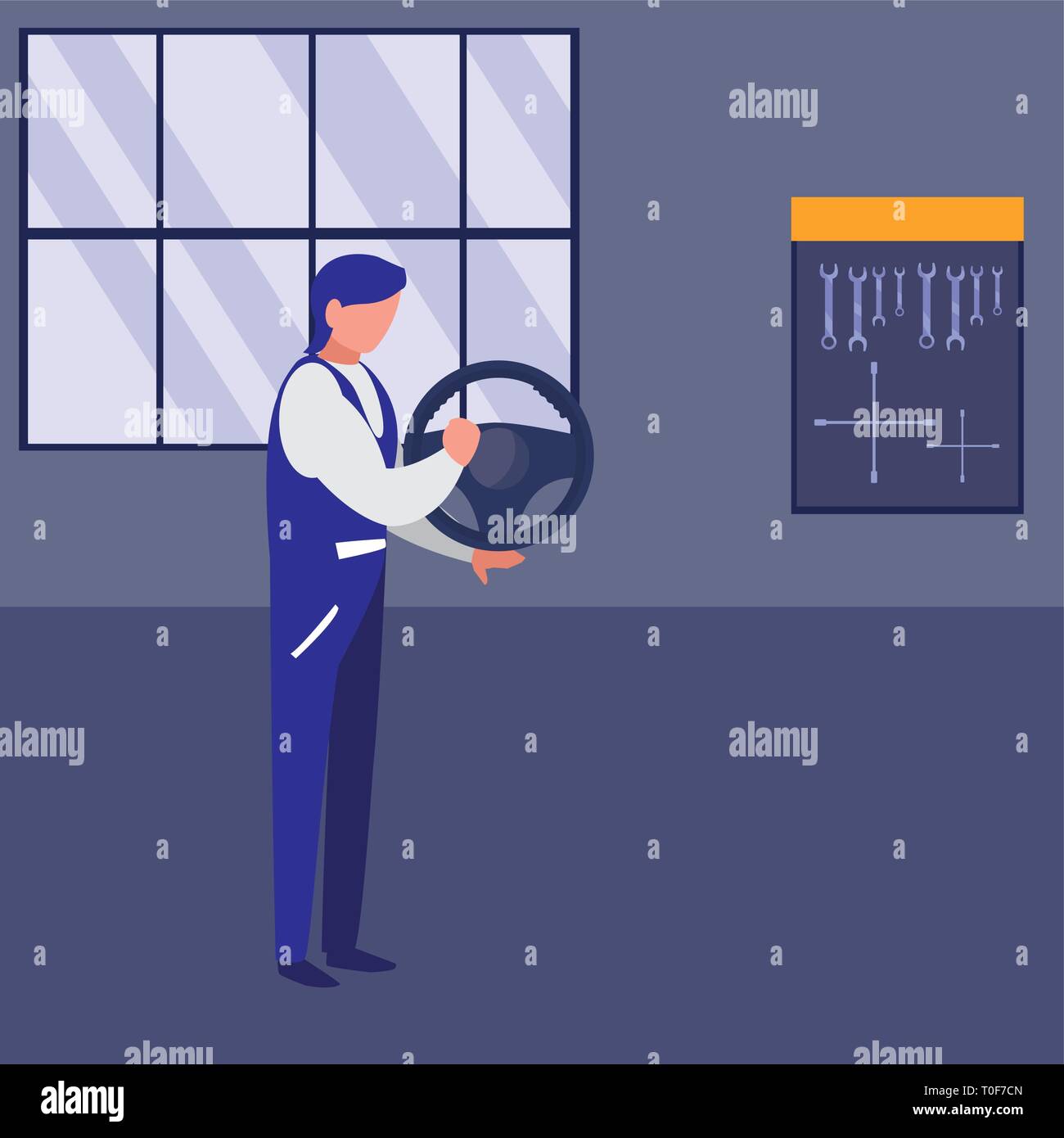 mechanic worker with drive wheel car vector illustration design Stock ...