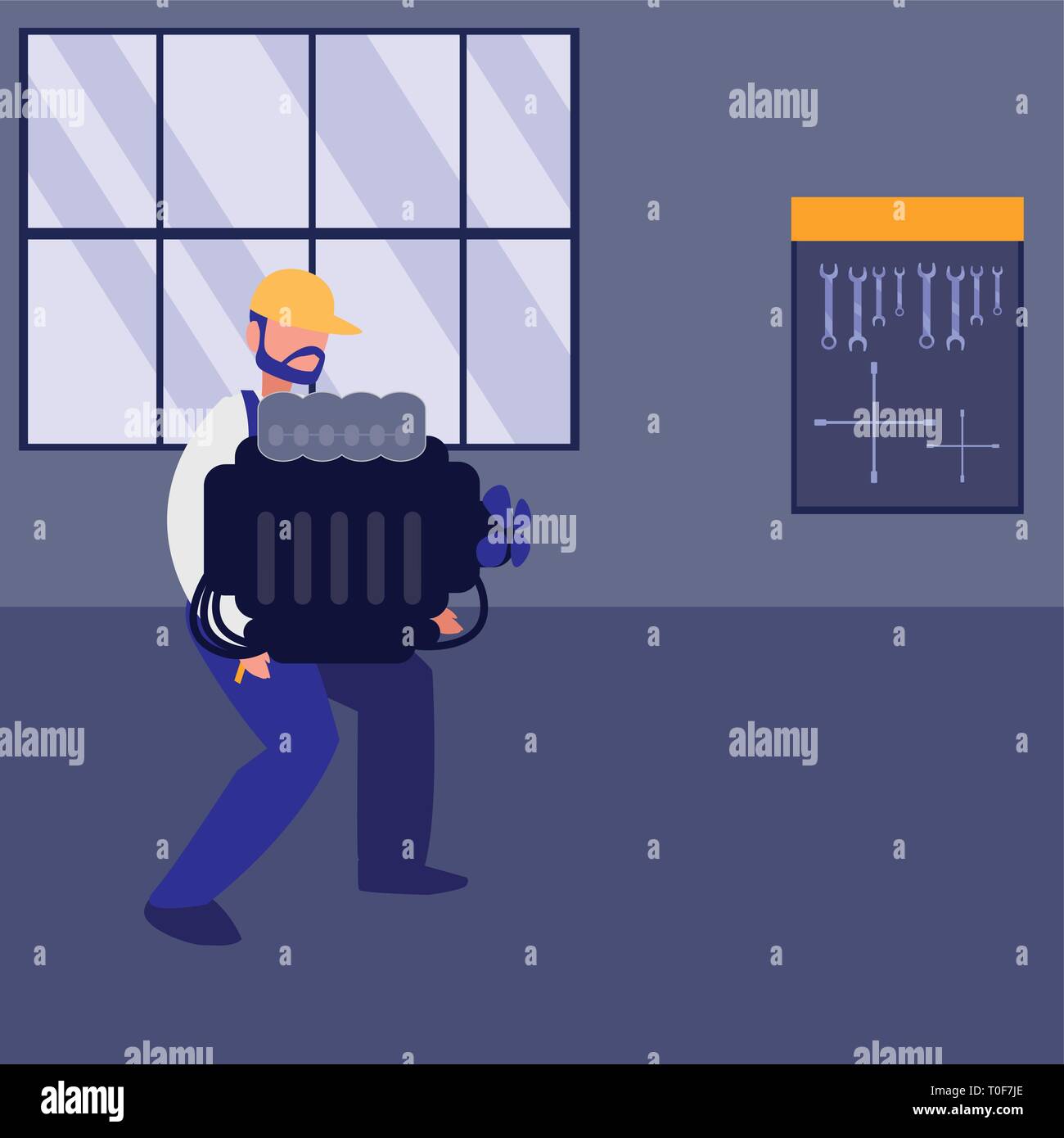 mechanic worker lifting car engine vector illustration design Stock ...